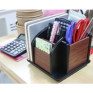 Coideal Wooden Large Spinning Remote Controls Holder Caddy for Table, Rotating Office Supplies Desk Storage Organizer Revolving Wood Pen Pencil Holder (6 Compartments, Brown & Black)