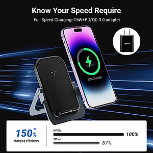 KPON Wireless Charging Stand,15W Fast Wireless Phone Charger for Thick Cases,Compatible with iPhone 15 14 13 12 11Pro Max/XR/XS Max/XS/X/8/8Plus Galaxy S22/S21/S9/S8(with QC Adapter)