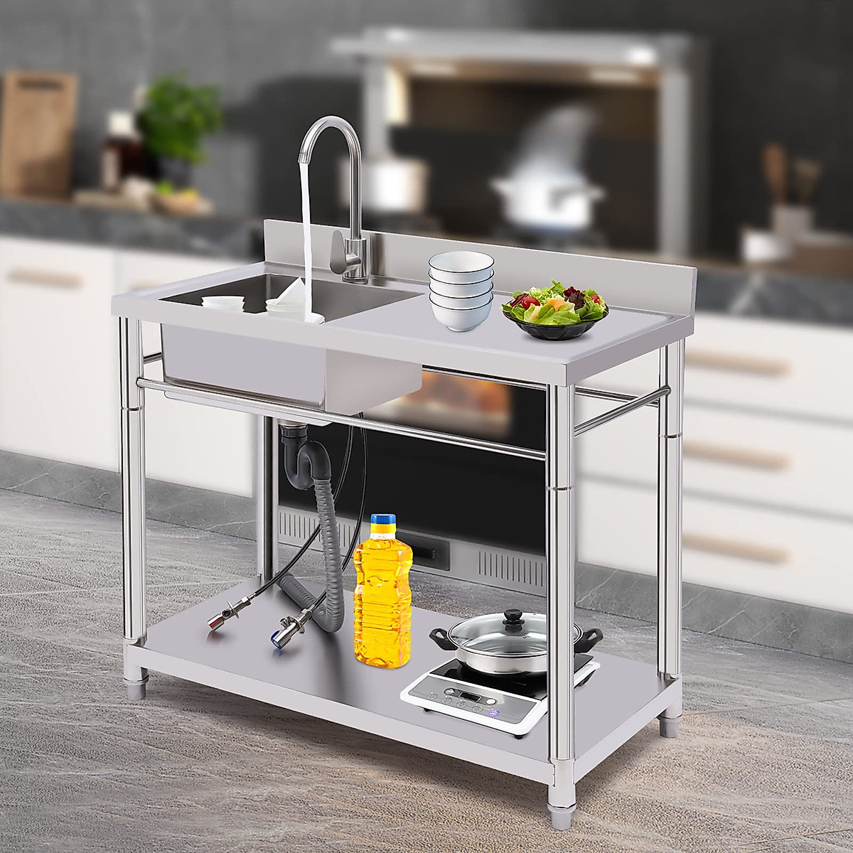 Stainless Steel Sink, Free Standing Single Bowl Commercial Kitchen Sink Kitchen Sink with Faucet & Shelf Kitchen Prep Outdoor Unity Sink for a Laundry Room Garage 31.5” x 39.37” x 19.68”