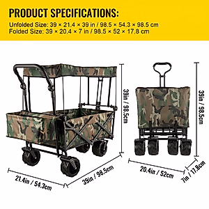 Collapsible Folding Wagon with Removable Canopy - Heavy Duty Utility Cart for Garden, Camping, and Beach with Wheels and Rear Storage - Camouflage