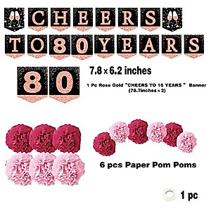 80th birthday decorations for women - (21pack) cheers to 80 years rose gold glitter banner for women, 6 paper Poms, 6 Hanging Swirl, 7 decorations stickers. 80 Years Old Party Supplies gifts for women