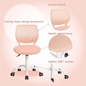FurnitureR Teens Girls Task Chair 360 Swivel, Low Mid PP Mesh Back Fabric Seat, Height Adjustable, Rolling Castor, W15.7inces x D15.2inces x H29.5-34.2inches (Rose)