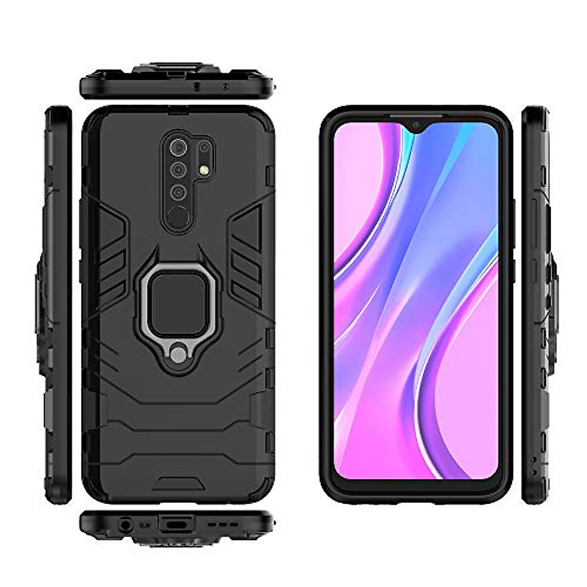 FaDream for Xiaomi Redmi 9 Case, Rugged Shockproof Dual Layer Heavy Duty Protective Kickstand Cover with [2 Pack] Tempered Glass Screen Protector (Black)