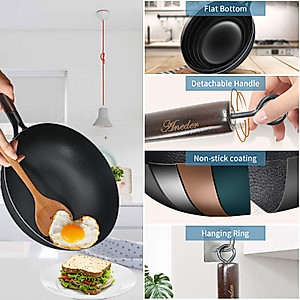 ANEDER Carbon Steel Wok Pan with Lid & Wood Spatula, 12.5" Cast Iron Stir Fry Pan with Flat Bottom and Wooden Handle for Electric, Induction and Gas Stoves