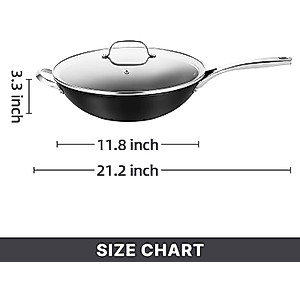 Qstar 12 inch Hard-Anodized Nonstick Wok Stir-Fry Pan with Lid and Stainless Steel Handle, Flat Base Pan, Dishwasher Safe