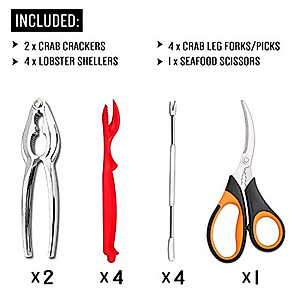 11-piece Seafood Tools Set includes 2 Crab Crackers, 4 Lobster Shellers, 4 Crab Leg Forks/Picks and 1 Seafood Scissors - Nut Cracker Set