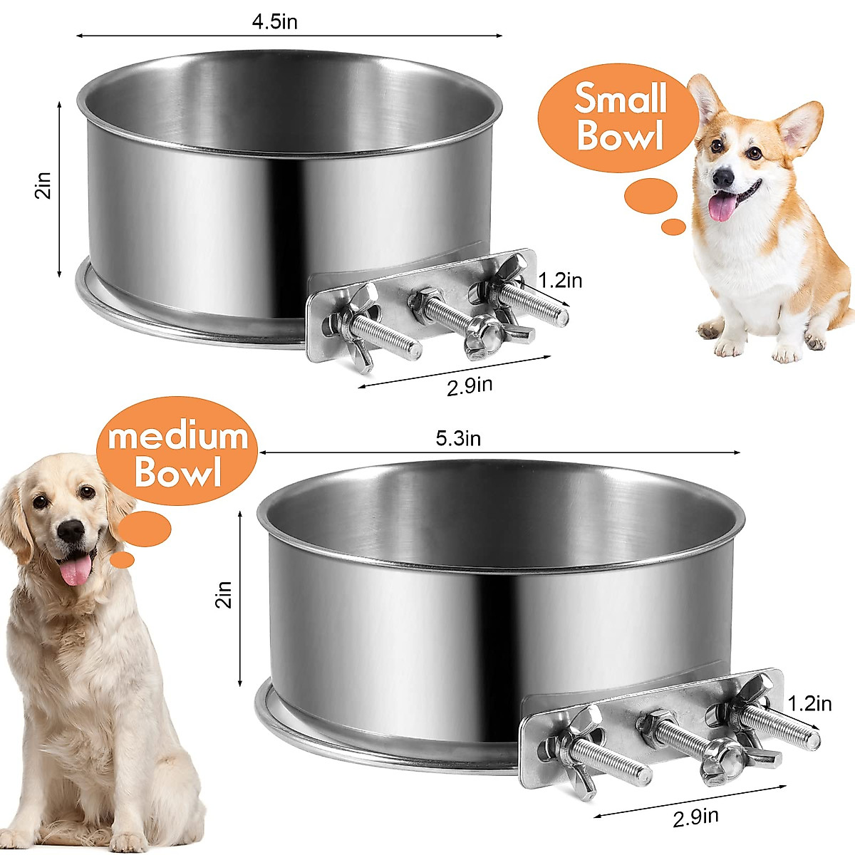 Dog Crate Water Bowl, 2 Pack No Spill Hanging Cage Food Bowls for Kennel Puppy Cat Bird Bunny Stainless Steel Metal Mountable Small&Medium Feeding Dish Wall Mounted Attachable Crates Pet Feeder