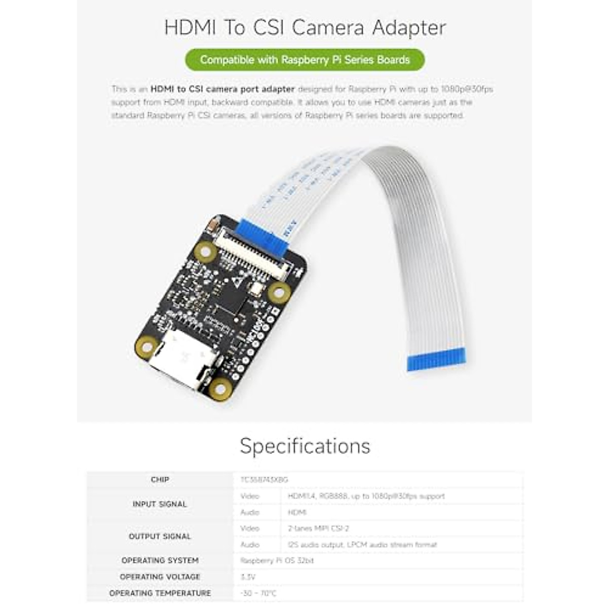 Waveshare HDMI to CSI Adapter, Compatible with Raspberry Pi 4B/3B+/3B/Pi Zero/Zero, Support 1080p@30fps Support from HDMI Input Backward Compatible