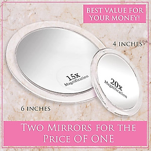 MIRRORVANA 20X & 15X Magnifying Mirror Set with 3 Suction Cups Each - Compact & Travel Ready Mirror for Makeup - Sizes: 6" and 4" Wide