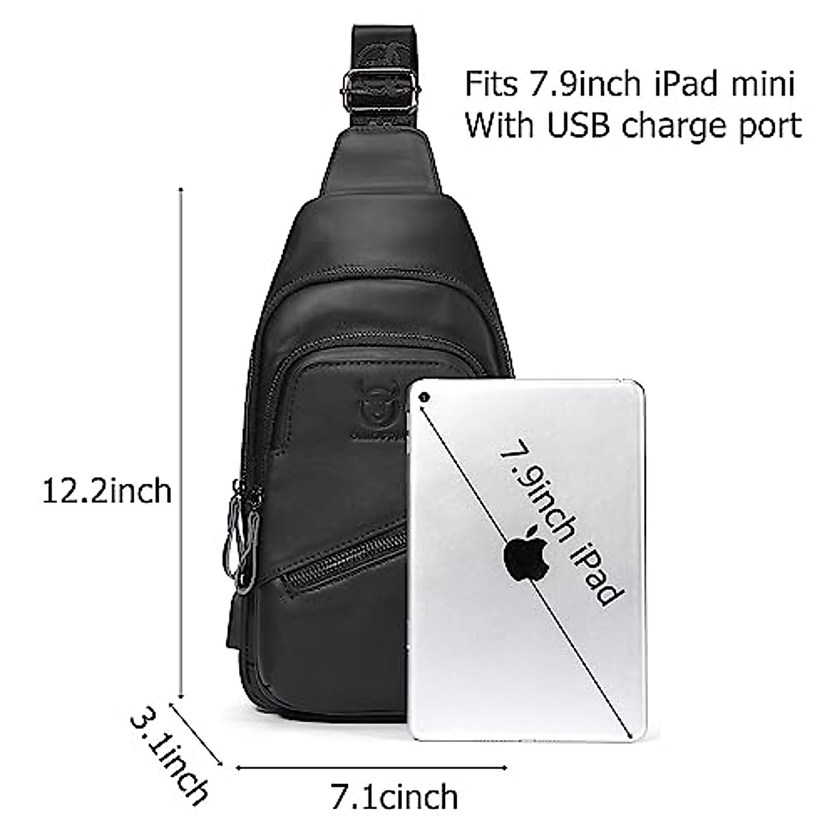 BULLCAPTAIN Leather Sling Chest Bag for Men Outdoor Hiking Travel Crossbody Bag Backpack with USB Charging Port (Black)
