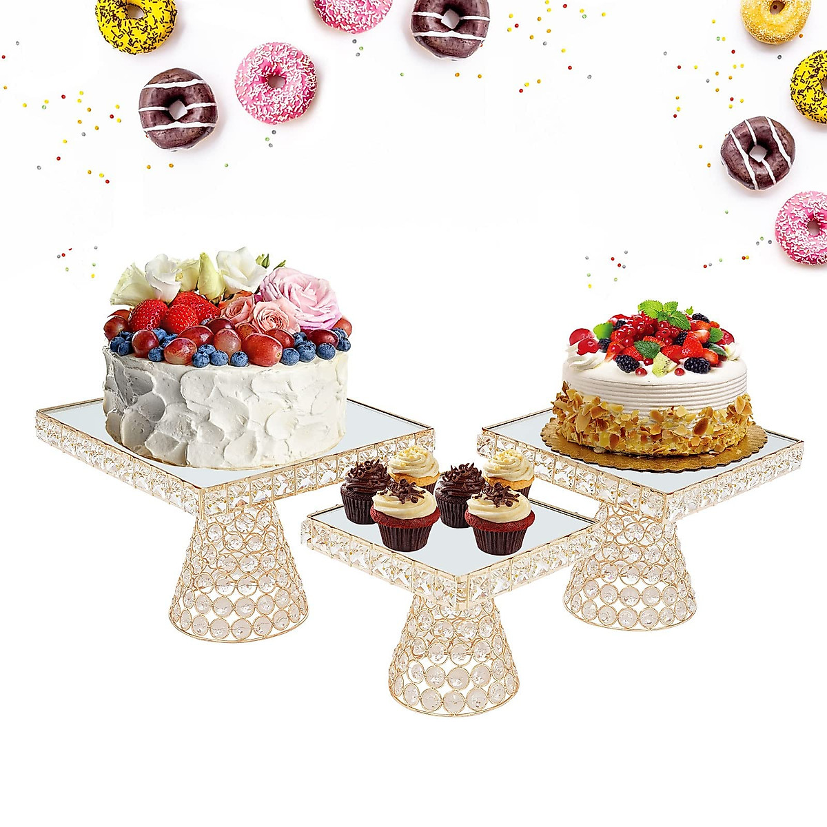 3 Piece Crystal Cake Stands, Gold Round Crystal Cupcake Stand with Square Tray Present Dessert Stands for Wedding Brithday Party Celebration Dessert Display(3Pcs/ Gold Square)