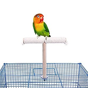 Dft Bird Toys, Natural Wood Bird Perch Stand T-Shaped Bar with Cotton Rope Cage Grinding Toy for Cockatiels Conures Budgies Love Birds