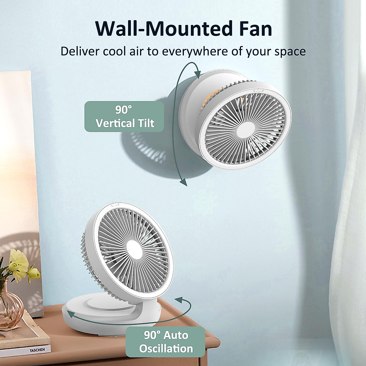 shinic Ultra Quiet Table Fan, Rechargeable Battery Operated Desk Fan with Auto Oscillation, 4 Speeds Portable Air Circulation Fan with Hook, Small Wall Fan for Bedroom Home Desktop Office, White