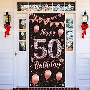 Rose Gold 50th Birthday Door Banner Decoration for Women, Large Happy 50 Birthday Door Cover Party Supplies, Fifty Year Old Birthday Poster Backdrop Decor