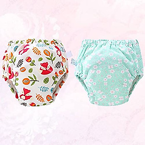 2pcs Breathable Cloth Bag Cotton Washable Nappy Leak Proof Cloth Diaper - Size S(1pc Green Flower, 1pc Fox)
