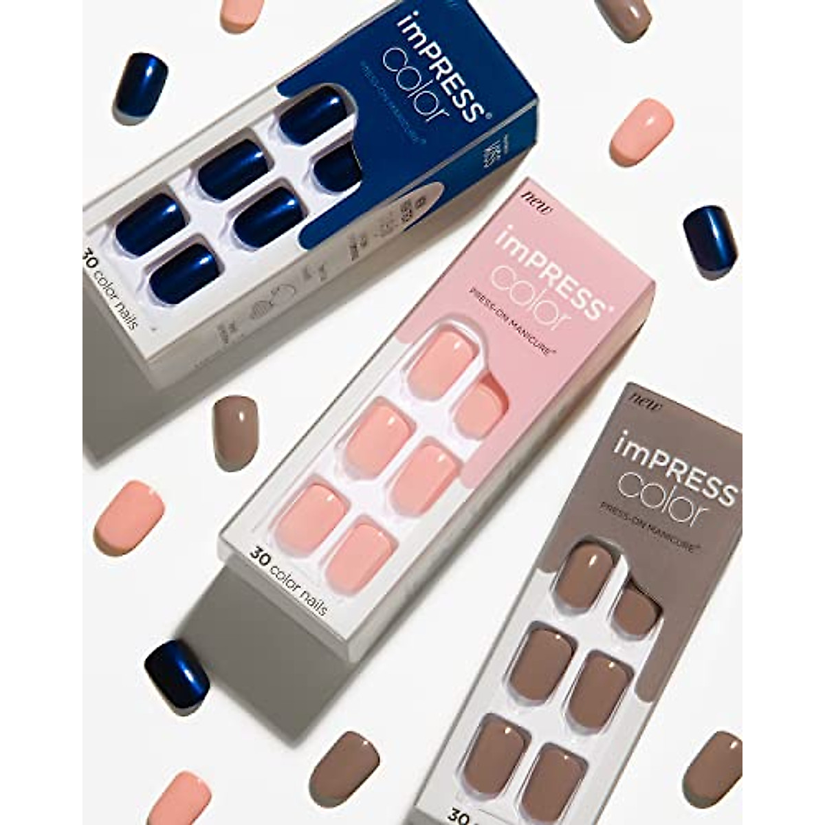 KISS imPRESS Color Press-On Nails, Nail Kit, PureFit Technology, Short Length, “Never Too Navy”, Polish-Free Solid Color Manicure, Includes Prep Pad, Mini Nail File, Cuticle Stick, and 30 Fake Nails