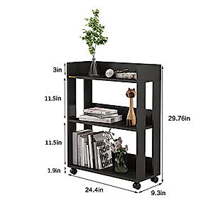 MIN WIN 3 Tier Open Bookshelf,Small Bookshelves Storage Display Shelf with Universal Wheels,Movable Standing Shelf Units,Wood Storage Rack for Small Spaces Home Office Bookcases Book Shelves, Black
