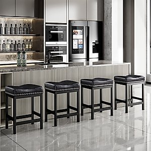 OUllUO Black Bar Stools Set of 2, Counter Height Bar Stools, Saddle Barstools, Pu Leather Stools with Metal Frame for Kitchen Island, 918P-BK
