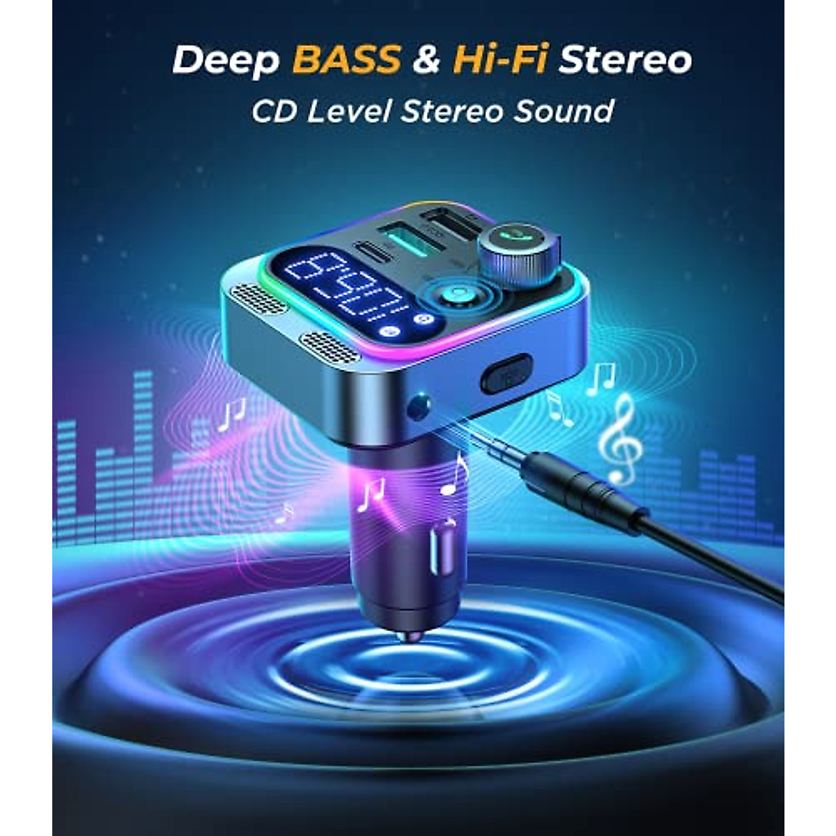 2022 Bluetooth 5.3 FM Transmitter for Car, JOYROOM [Stronger Dual Mics & HiFi Deep Bass Sound] , 48W PD&QC3.0 Bluetooth Car Adapter, Hands-Free Calling, Larger LED, AUX Output & U Disk