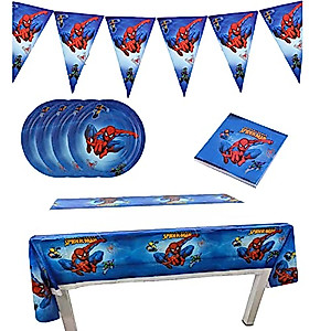 TOPTAMP 42Pcs Spider Theme Party Table Cover Table Cloth Super Hero 20 Plates 20 Napkins Banners Birthday Decoration Supplies Kit