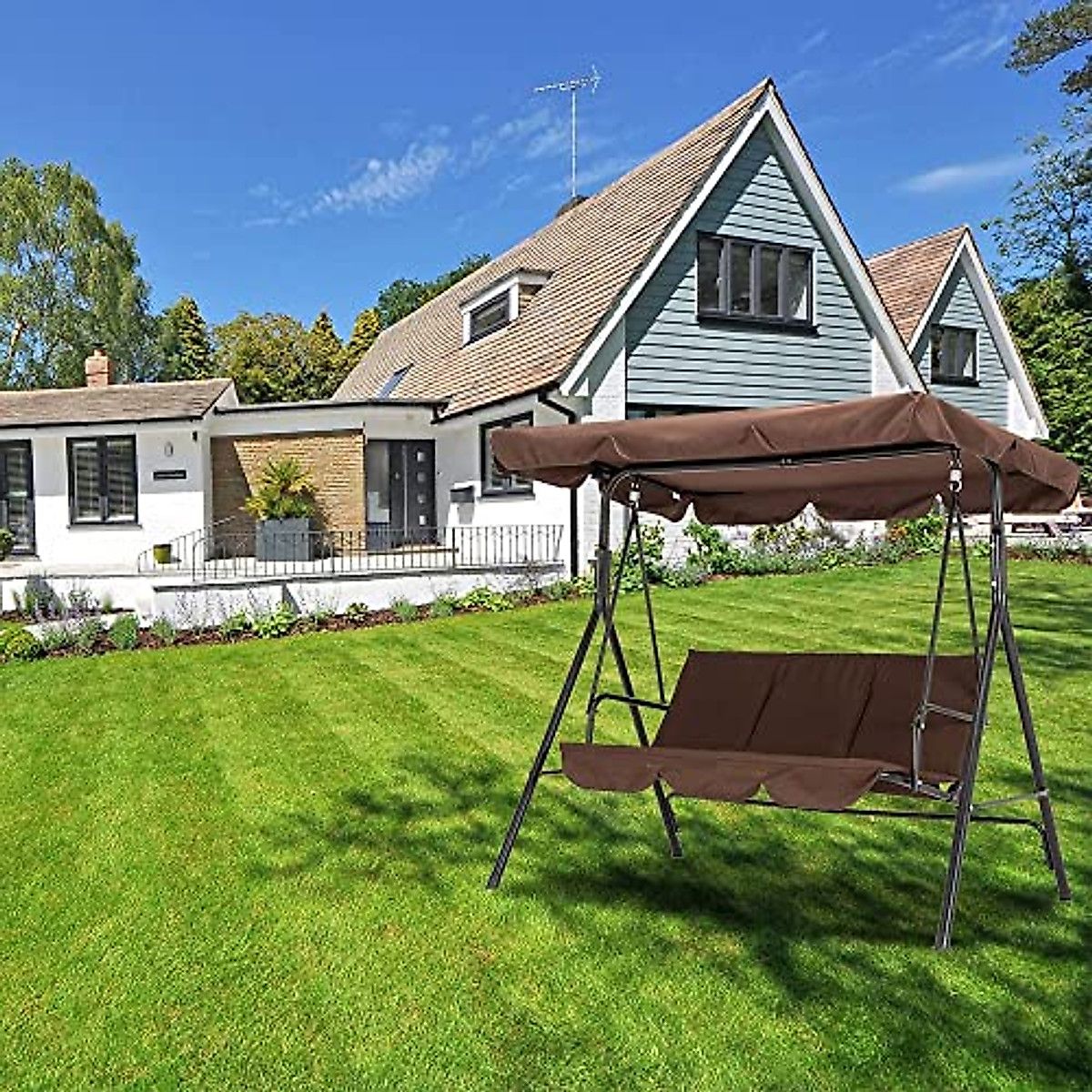 Outdoor Patio Swing Chair, 3-Seater Outdoor Adjustable Canopy Swing Glider, Weather Resistant Powder Coated Steel Frame, Suitable for Patio, Garden, Poolside, Balcony (Coffee)