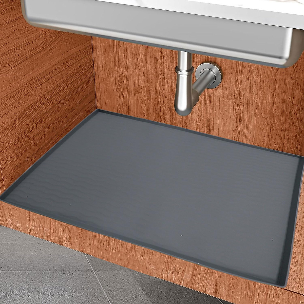 AUMAYCO Under Sink Mat for Kitchen Cabinet Silicone Waterproof 31'' x 22'', Under Sink Tray for Drips, Leaks, Spills, Unique Design Cabinet Protector Mats for Kitchen & Bathroom, Dark Grey