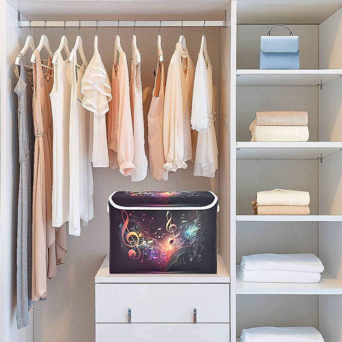 TecEr Music-notes Print Large Fabric Foldable Storage Bins with Lids and Handle, Decorative Storage Box Cube for Shelves Closet Home Bedroom Office