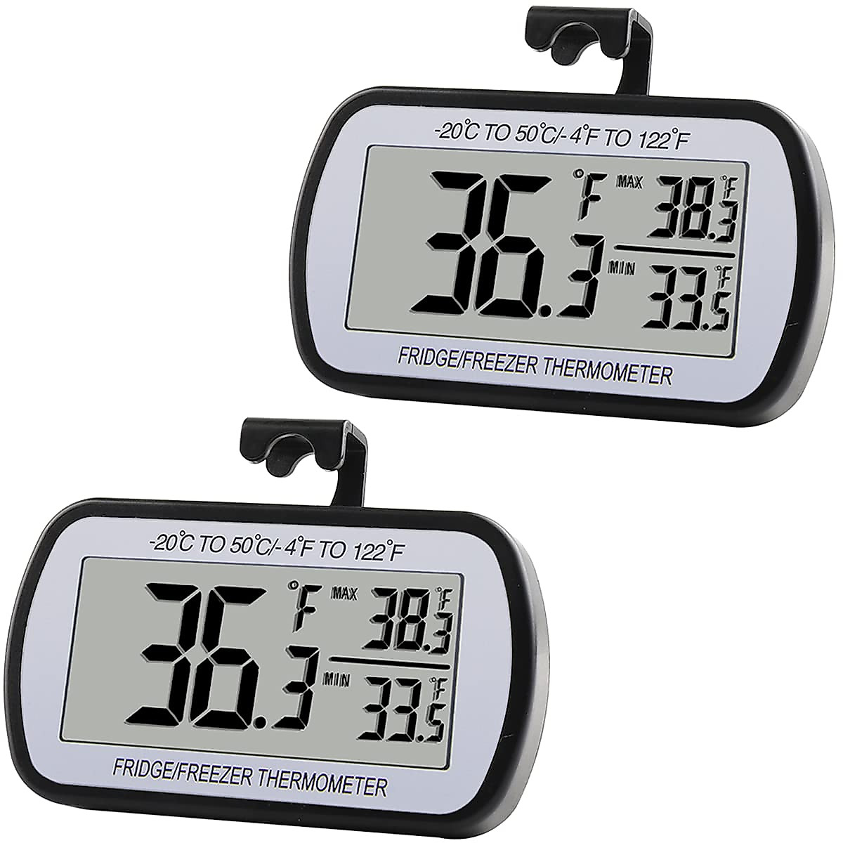 2 Pack Refrigerator Fridge Thermometer Digital Freezer Room Thermometer Waterproof Large LCD Display Max/Min Record Function-Black