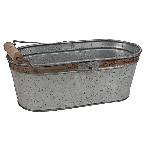 Stonebriar Small Aged Galvanized Metal Oval Bucket with Rust Trim and Wooden Handle, Country Rustic Home Decor, for Centerpiece, Office Organization, Bathroom Storage, or Party Decorations