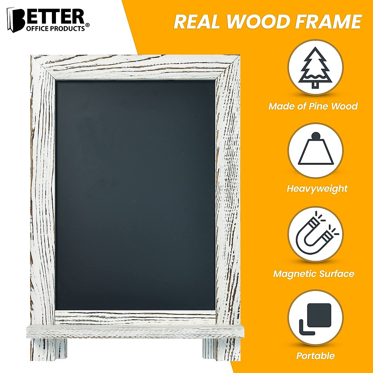 Better Office Products Framed Tabletop Chalkboard Sign, 9.5" x 14", Rustic Wood Frame, Small Magnetic Chalkboard with Built-in Ledge and Folding Stand, One White Chalk Marker Included,(Whitewash)