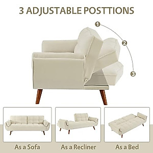 Fangflower Convertible Sofa Bed, Velvet Fabric Adjustable Backrest Sleeper Futon Loveseat with Tapered Wood Legs for Living Room, Bedroom, Apartment Lounge, Garage