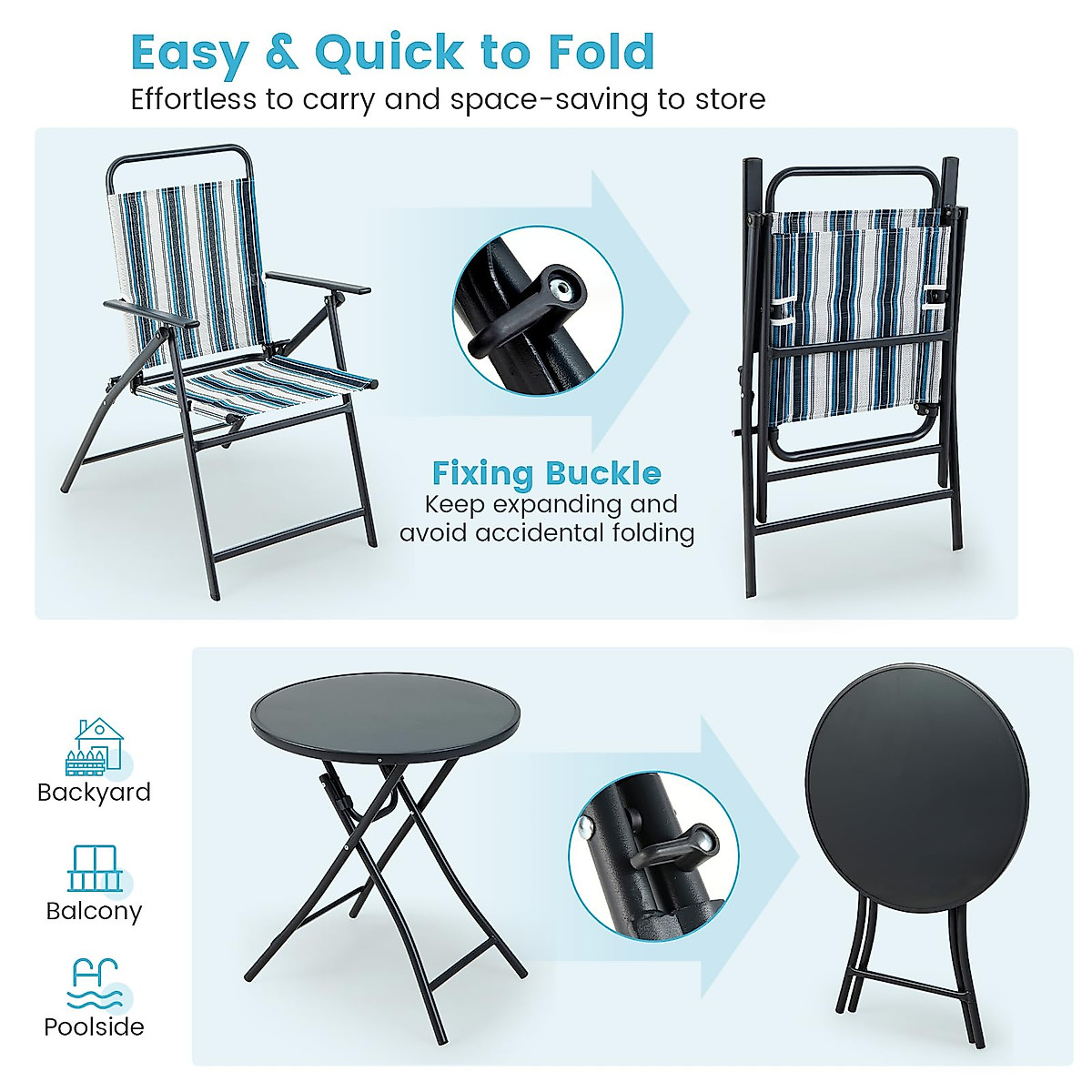 Tangkula 3 Piece Outdoor Folding Chair Set, 2 Folding Chairs with Folding Table, Heavy-Duty Metal Frame, Outdoor Dining Chair Set, Portable Patio Bistro Set for Backyard, Poolside, Balcony