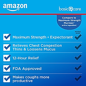Amazon Basic Care Maximum Strength Chest Congestion and Mucus Relief, Guaifenesin Extended-Release Tablets, 1200 mg, 42 Count