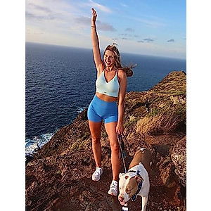 FRESOUGHT Matching Workout Sets for Women, Gym Cropped Tank Tops High Waisted 2 Piece Shorts Set Blue M