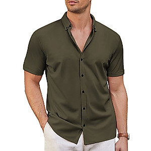 COOFANDY Mens Shirt Dress Button Up Wrinkle Free Casual Slim Fit, Army Green, Medium, Short Sleeve