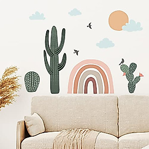Yovkky Cactus Rainbow Wall Decals Stickers, Boho Cacti Botanical Sun Clouds Nursery Decor, Bohemian Tropical Green Plant Neutral Home Decorations Kids Toddler Classroom Bedroom Art