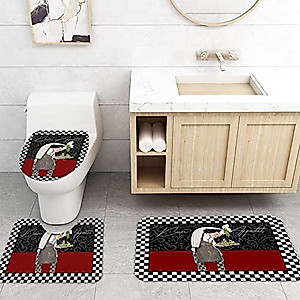 Wohnkutu 4Pcs Bathroom Shower Curtain Set, Kitchen Chef Bathroom Accessory Shower Curtain Rugs Set, Food Black White Checkered Red Retro Non-Slip Bath Mat, Toilet Lid Cover, 66" x 72"+Samll Set