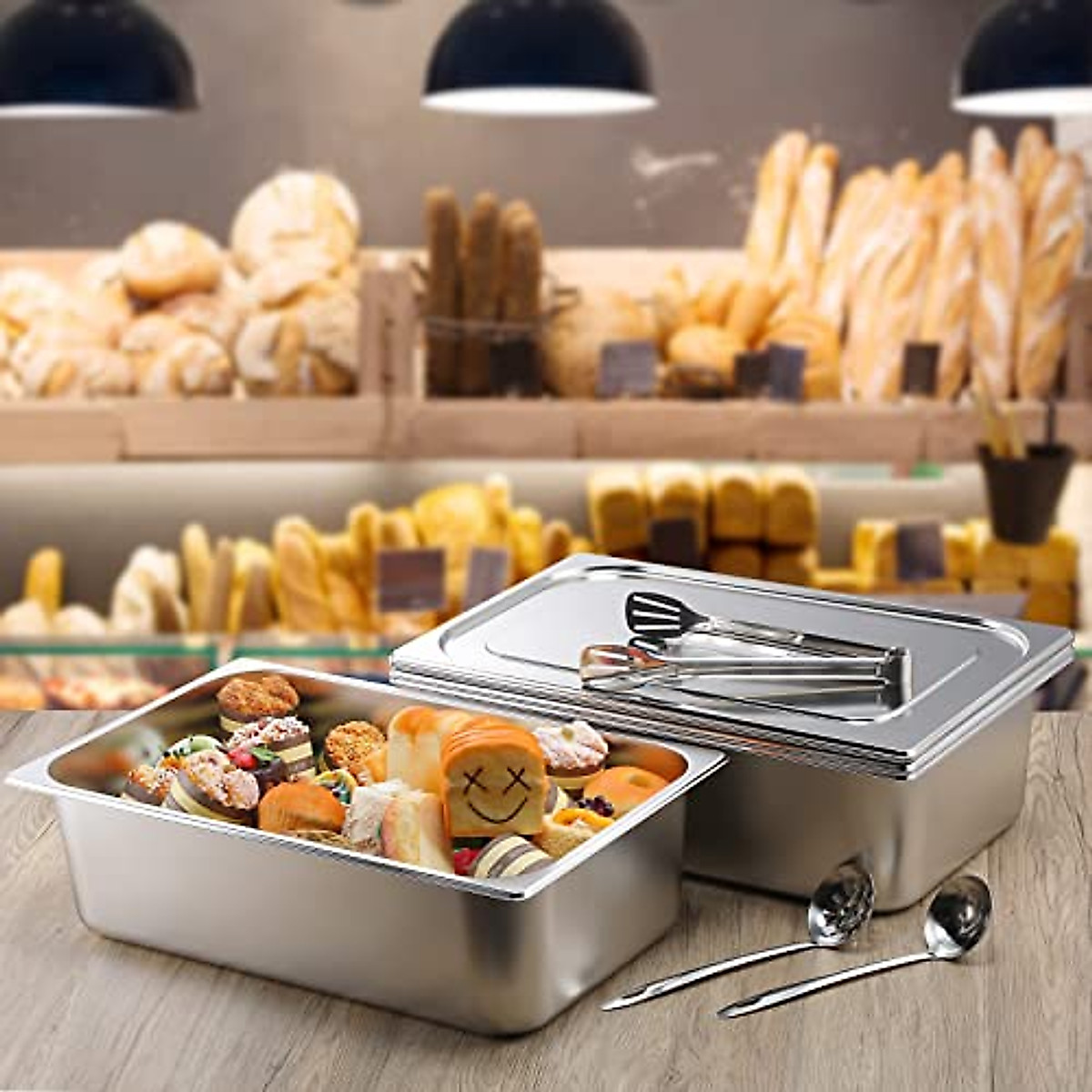 6 Pack Hotel Pan with Lids Set 20.8"L x 12.8"W 22 Gauge Full Size Anti Steam Table Pan 0.8 mm Thick 304 Stainless Steel Hotel Pans for Restaurant Kitchen Food Warmer Cooking Heat (6 Inch)