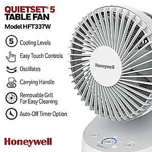 Honeywell QuietSet 5 Oscillating Table Fan, White – Personal and Small Room Fan with Quiet Operation and 5 Levels of Power and Sound