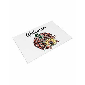 Farm Thanksgiving Buffalo Plaid Pumpkin Sunflower Cotton Outdoor Area Rug 4x6ft,RV Camping Rugs White Outside Mat Rubber Backing Carpet for Indoor Outdoor Patio Deck Porch Balcony