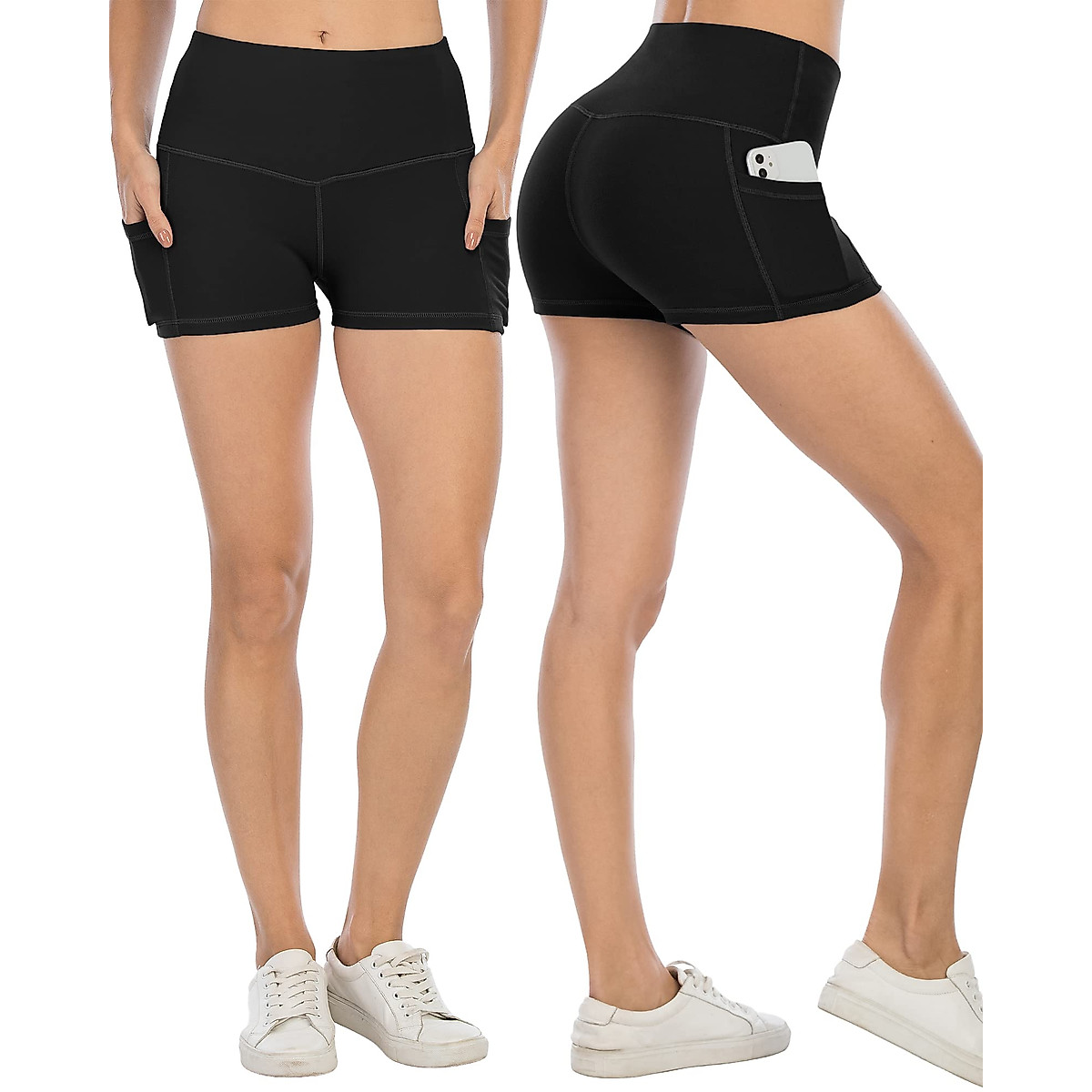 CHRLEISURE Spandex Yoga Biker Shorts with Pockets for Women, 3'' / 5'' / 8'' Workout Booty Shorts (3“ Black, S)