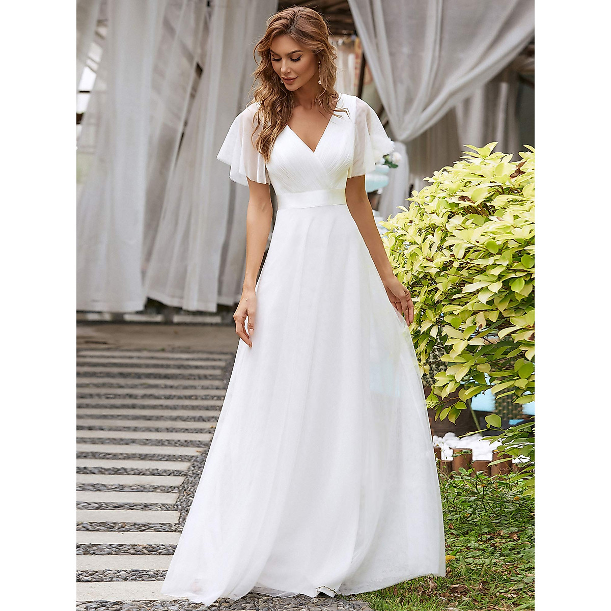 Ever-Pretty Women's Mother of Bride Dress Double V-Neck Empire Waist Front Wrap Tulle Bridesmaid Dress White US4