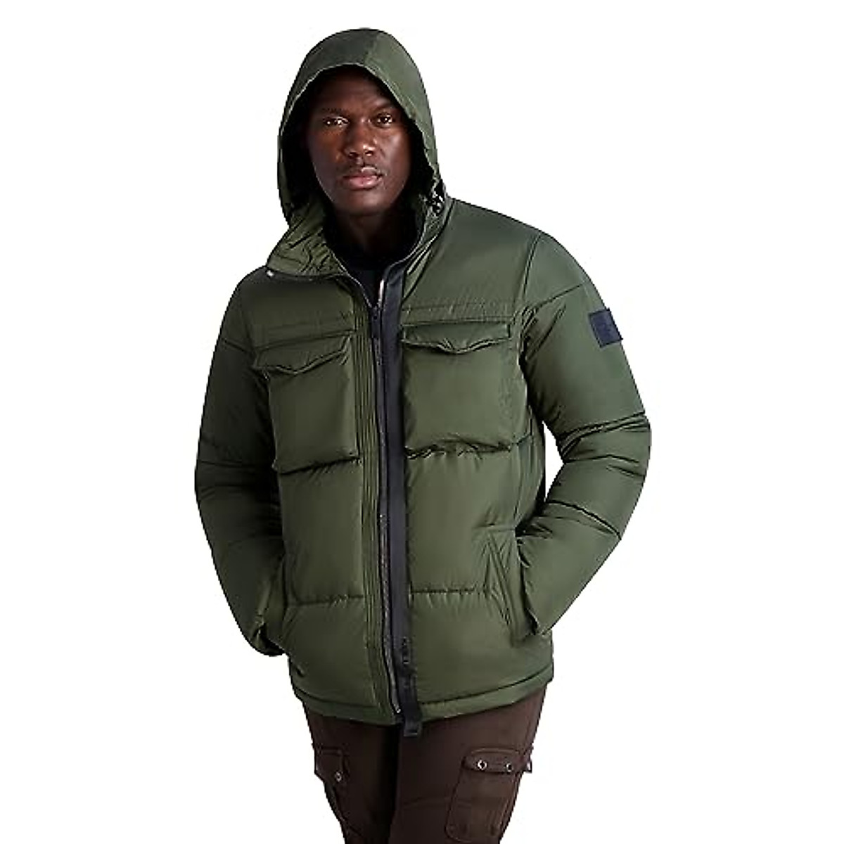 Karl Lagerfeld Paris Men's Quilted Zip Out Hood Puffer Jacket, Olive, Large