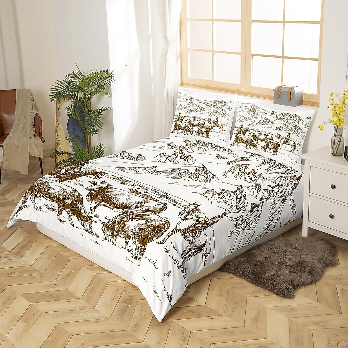 Erosebridal Cattle Duvet Cover King, Cows Grazing Bedding Set for Cowboys, Hand Drawn American Wild West Mountain Cowboy Comforter Cover, Farmhouse Rustic Country Bedroom Decor Retro Quilt Cover