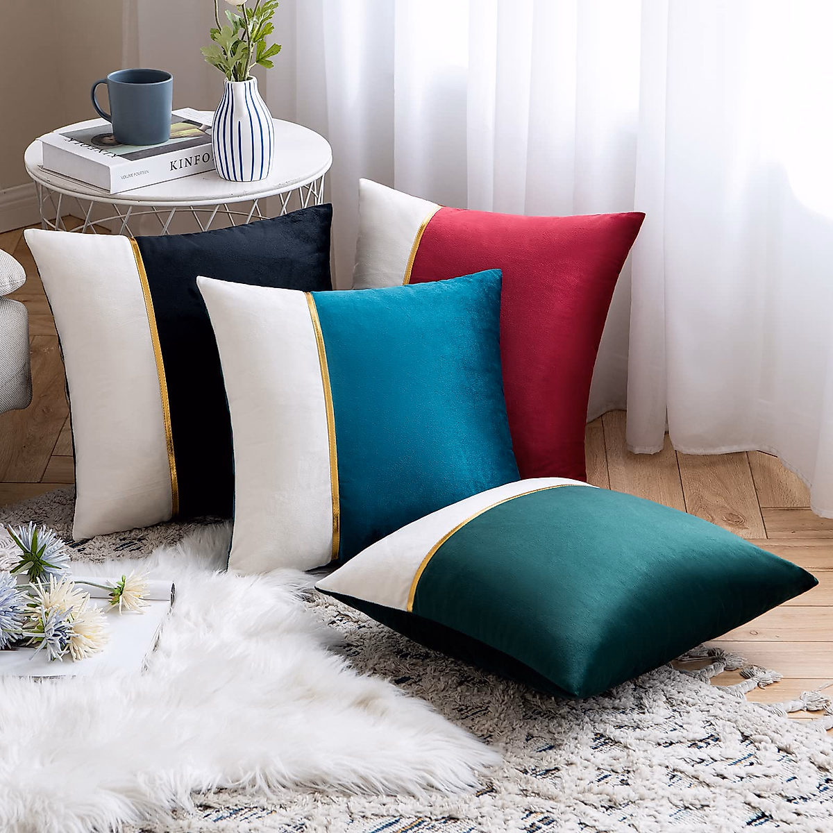 ANRODUO Pack of 2 Black Throw Pillow Covers Decorative Velvet Patchwork with Gold Leather Pillowcase Soft Solid Decoration Cushion Case Square for Couch Sofa Living Room Home Decor 16x16 Inch