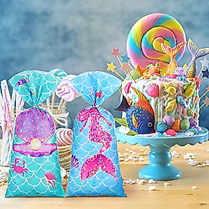 Hotop 100 PCS Mermaid Cellophane Bags Mermaid Gift Treat Bags Mermaid Goodie Candy Bags 150 Ties Mermaid Party Favor Bags Birthday Party Decorations Supplies Mermaid Theme Baby Shower Party Serves