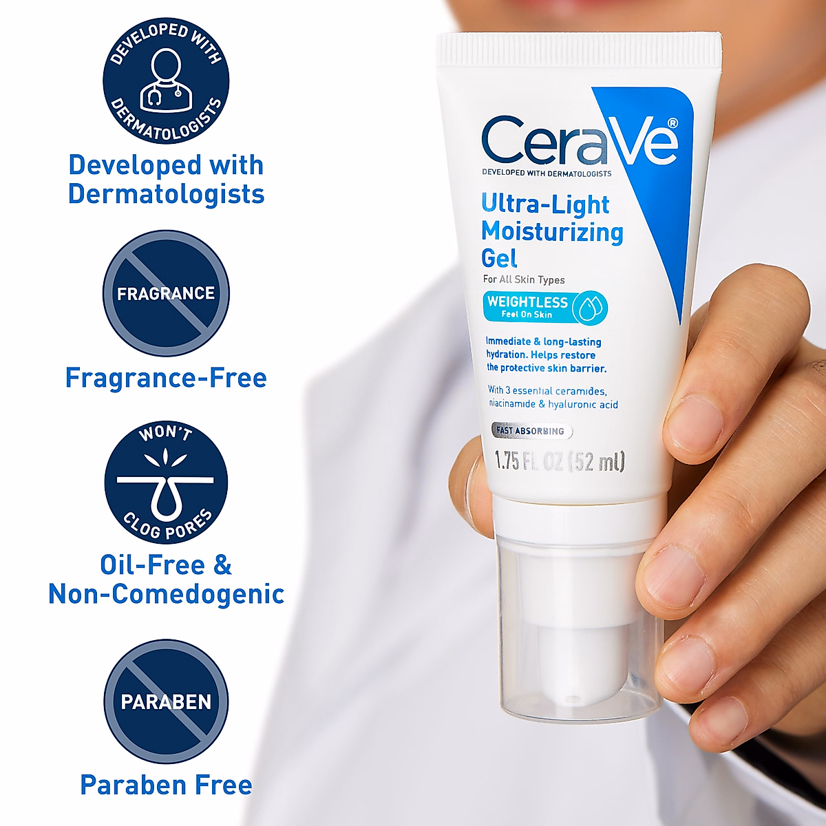 CeraVe Ultra-Light Moisturizing Gel, Hydrating Gel Face Moisturizer with Ceramides, Niacinamide, Hyaluronic Acid, Fragrance Free, Oil-Free, Weightless Mattifying Moisturizer, 1.75 FL Oz