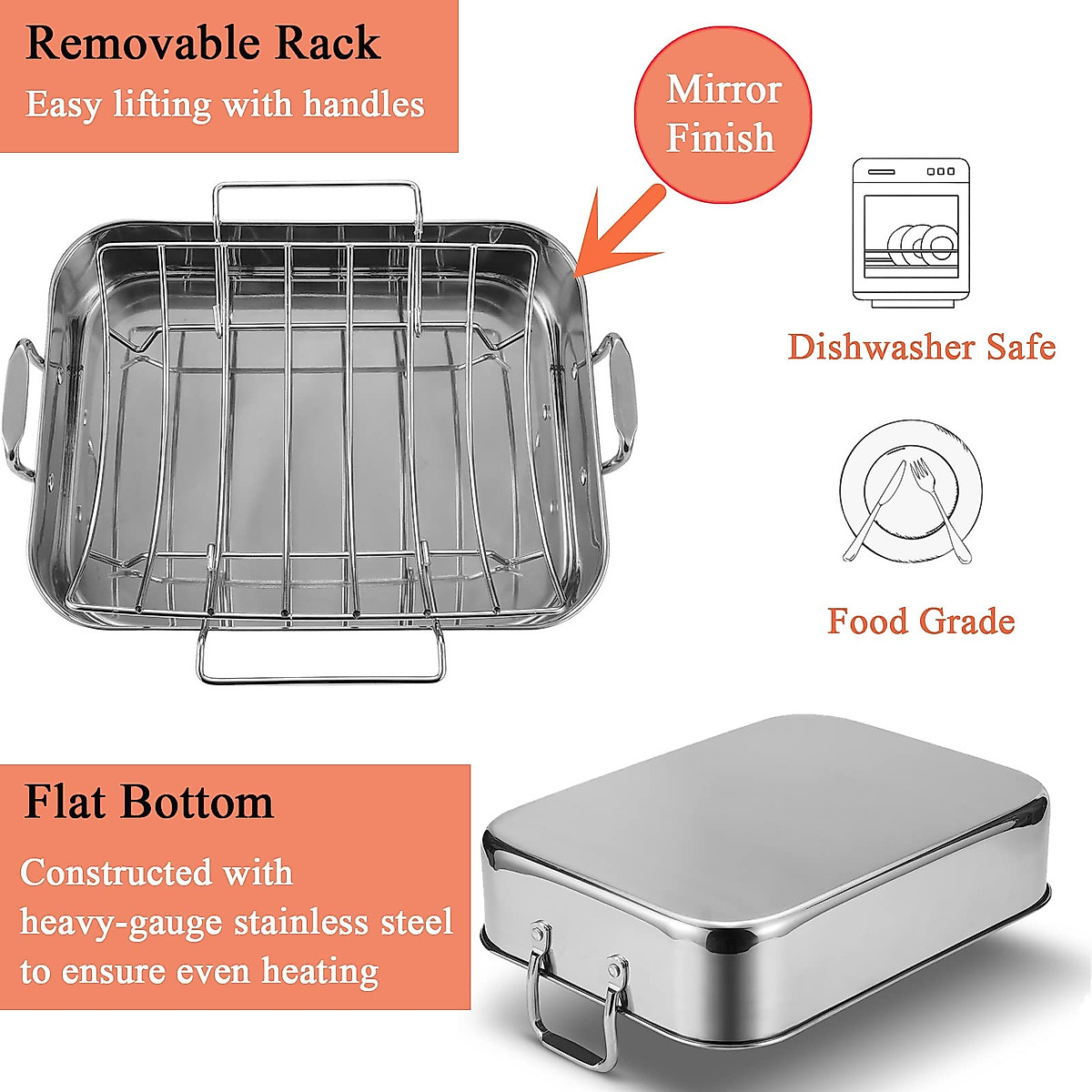 WEZVIX Stainless Steel Roasting Pan with Rack, 16.5 Inch Rectangular Turkey Roaster Lasagna Pan for Roasting Turkey, Chicken, Meat & Vegetables, Non-toxic & Heavy Duty, Easy Clean & Dishwasher Safe