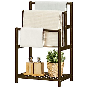 HOOBRO Standing Towel Rack, 3-Tier Blanket Rack Holder, 16.5" L x 11.8" W x 30.3" H, Bamboo Drying and Display Rack with Shelf, for Bedroom, Living Room, Bathroom, Mocha MA03LB01