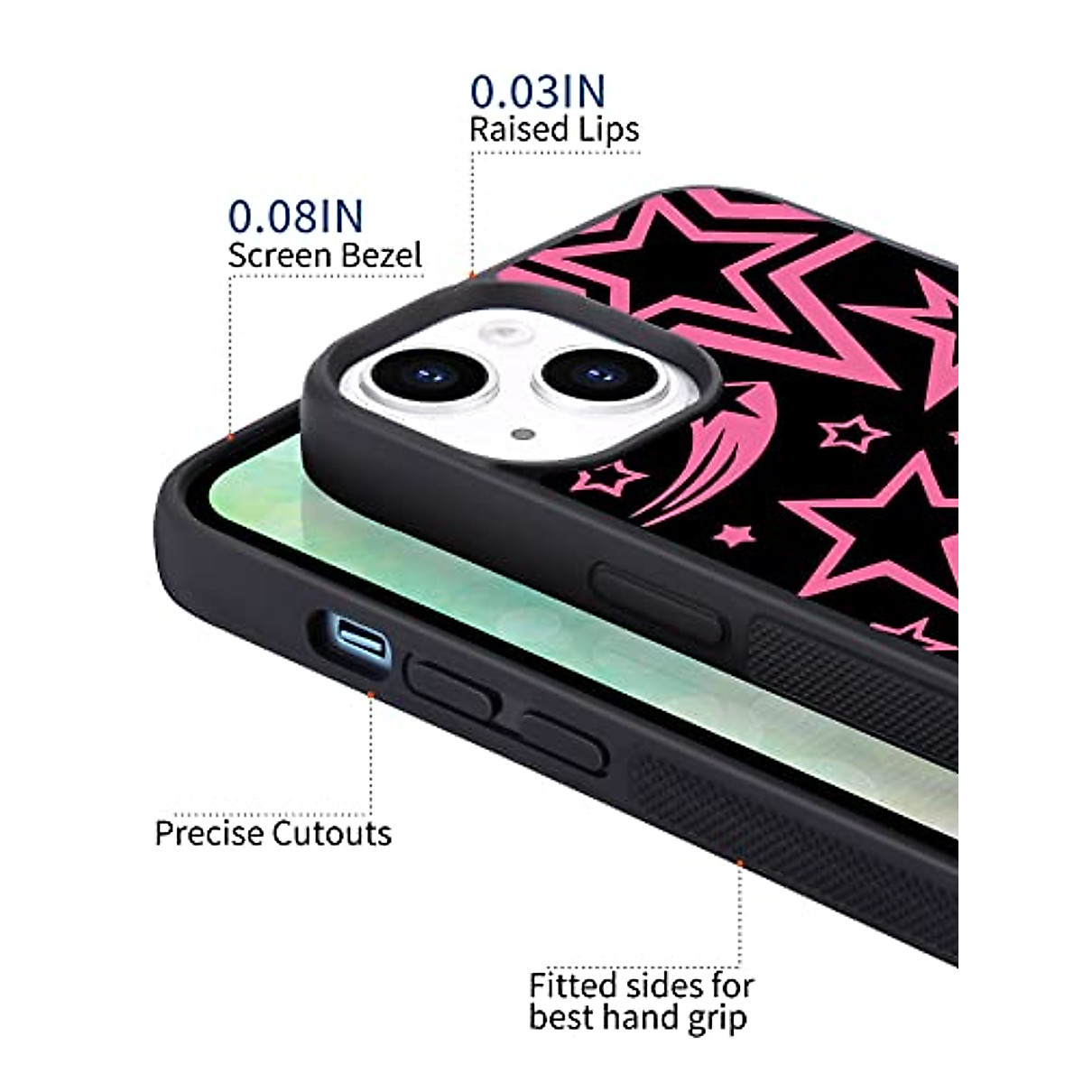 Wihytec Pink Star Phone Case for iPhone 13 Stars Case Cover TPU Bumper Hard Back Shockproof Phone Case Girly Protective Phone Cover with Design